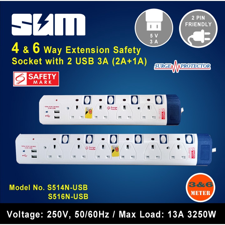 4 & 6 Way Extension Socket with 2 USB 3A (2.0A + 1.0A) & Surge ...