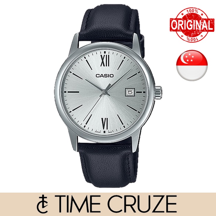 [Time Cruze] Casio MTP-V002 Analog Quartz Black Leather Band Silver Dial Men Watch MTP-V002L-7B3 ...