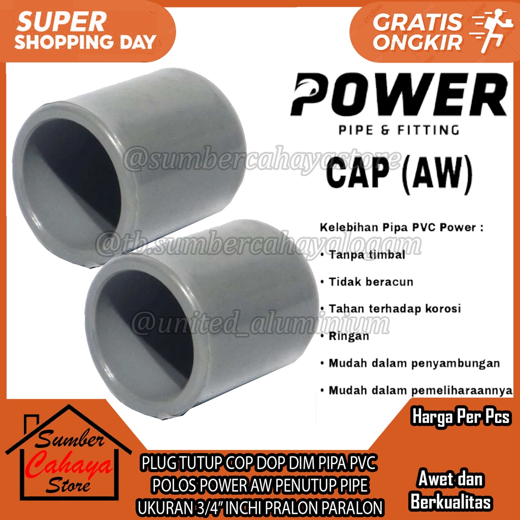 PLUG PIPE DOP CAP SIZE 3/ 4" INCH POWER AW PVC CAP DOB COP CAP DIM ...