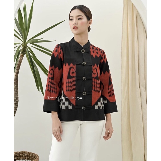 MERAH Shanghai collar coin button blouse women's batik top woven with ...