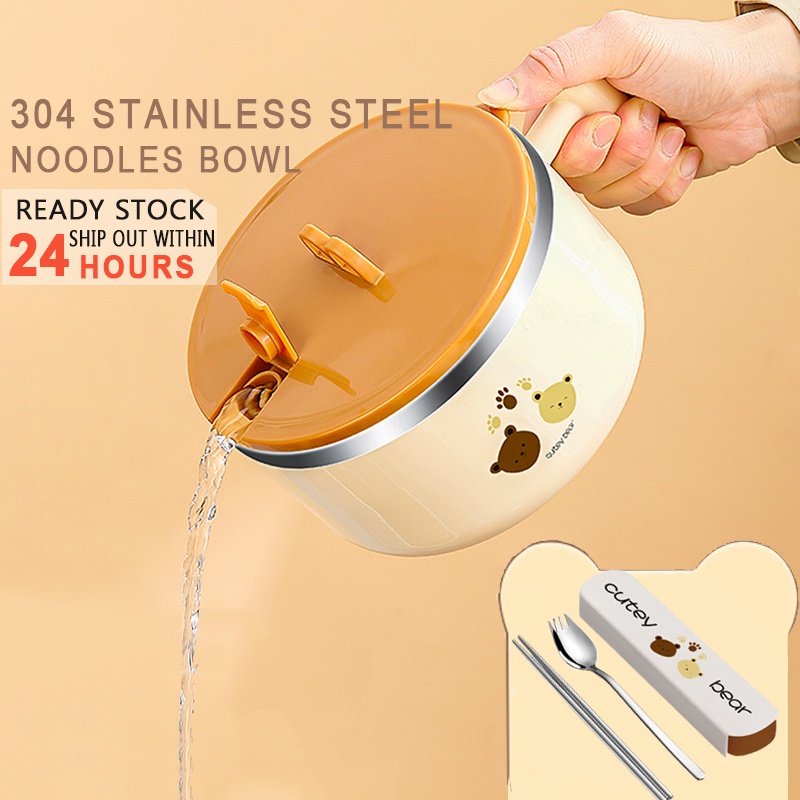 1000ml 304 Stainless Steel Instant Noodles Bowl With Lid Handle Dinnerware Set Soup Salad Rice ...