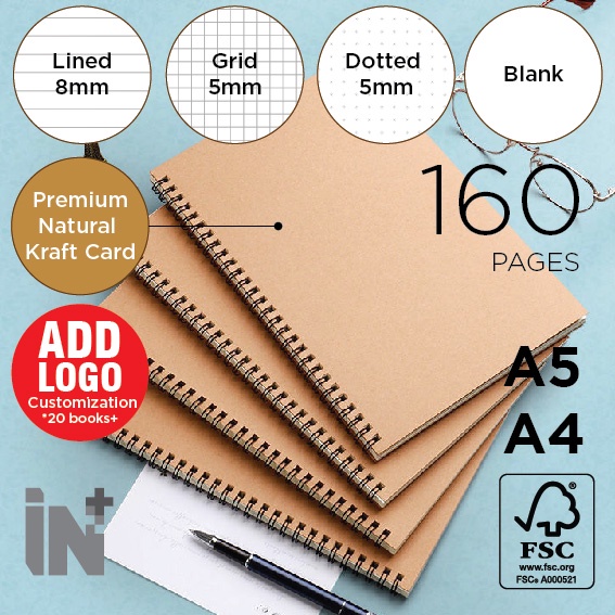 Wire-O Notebook 160 pages Brown Kraft A4 A5 Dot Grid Spiral Notebook ...