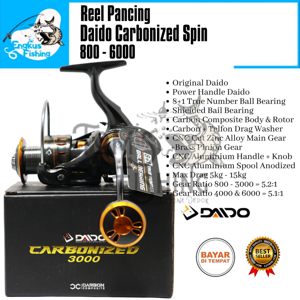 Daido Carbonized Fishing Reel 800-6000 (8+1 Bearing) Power Handle Full ...