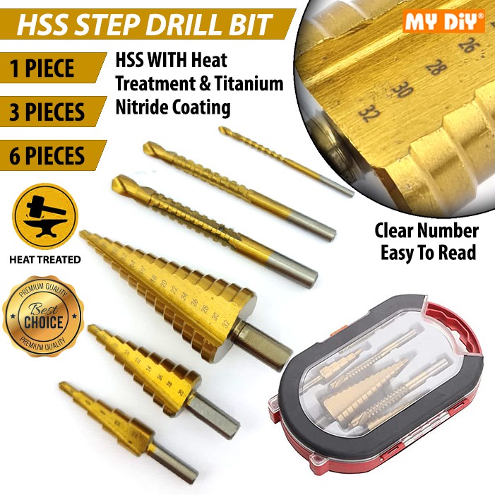 DIY Online4u - 6PCS 4MM-32MM HSS Step Drill Bit Titanium Coated Hss Step Drill Bit | Shopee ...