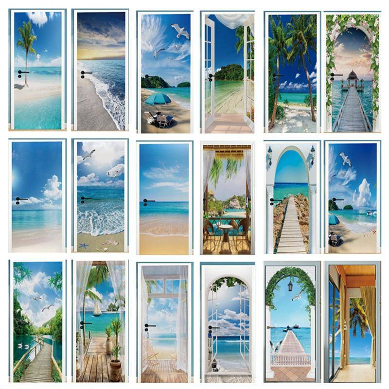 Custom Blue Sky Door Mural Stickers Self-Adhesive Beach Sea View ...