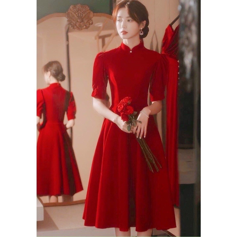 Freesize red dress with pearl embellished collar | Shopee Singapore