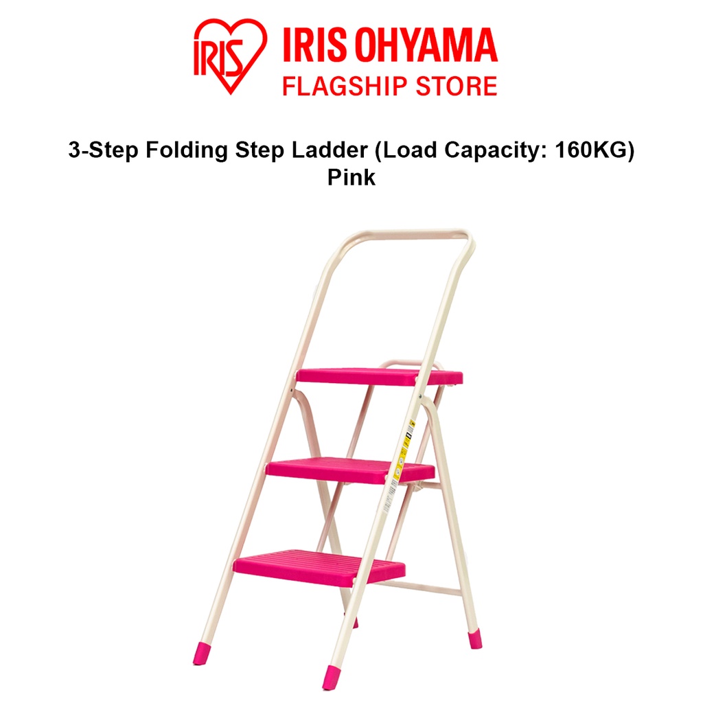 Iris Ohyama OSU Folding Foot Step Ladder, PINK, 2 Steps/3 Steps/ 4Steps, Weight Load Up-to 160KG ...