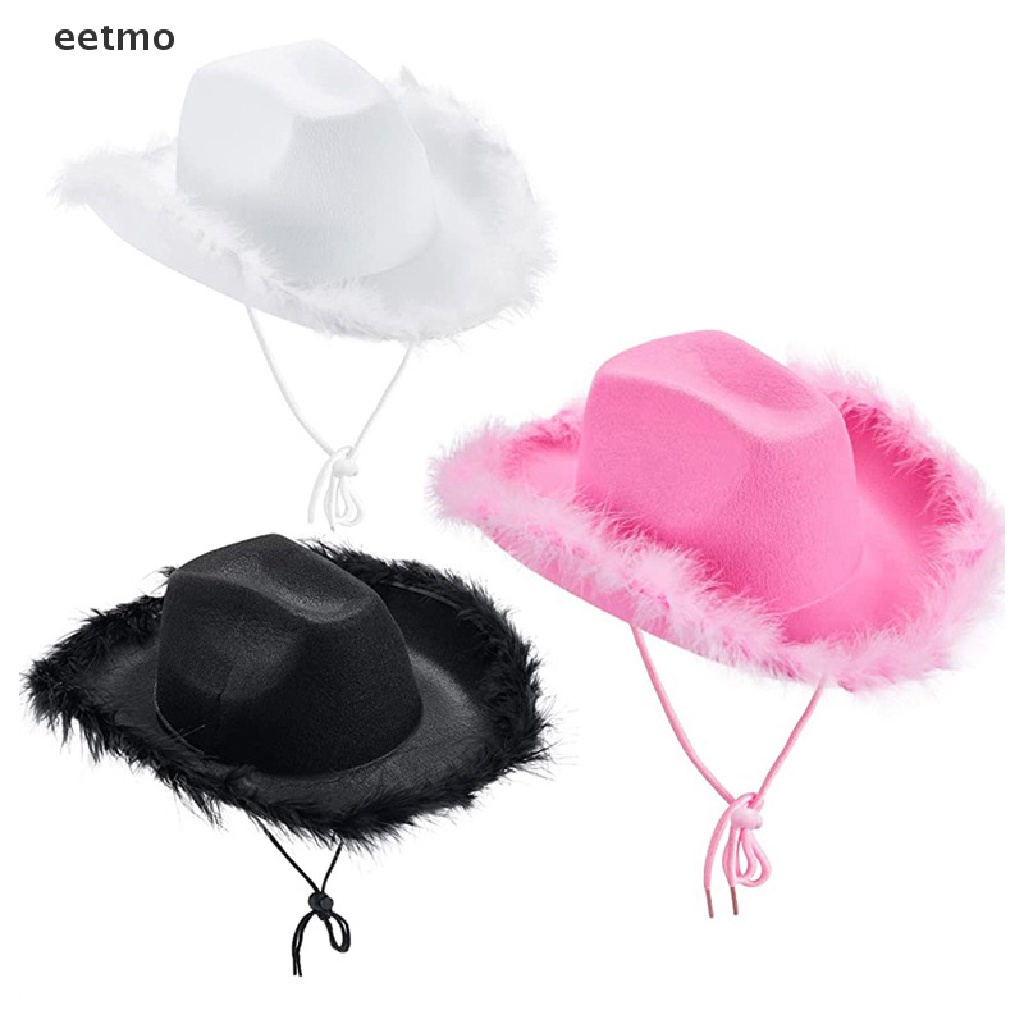 [eetmo] 1Pc Fluffy Feather Brim Cowboy Hat Wide Brim Cowgirl Hat Rave ...