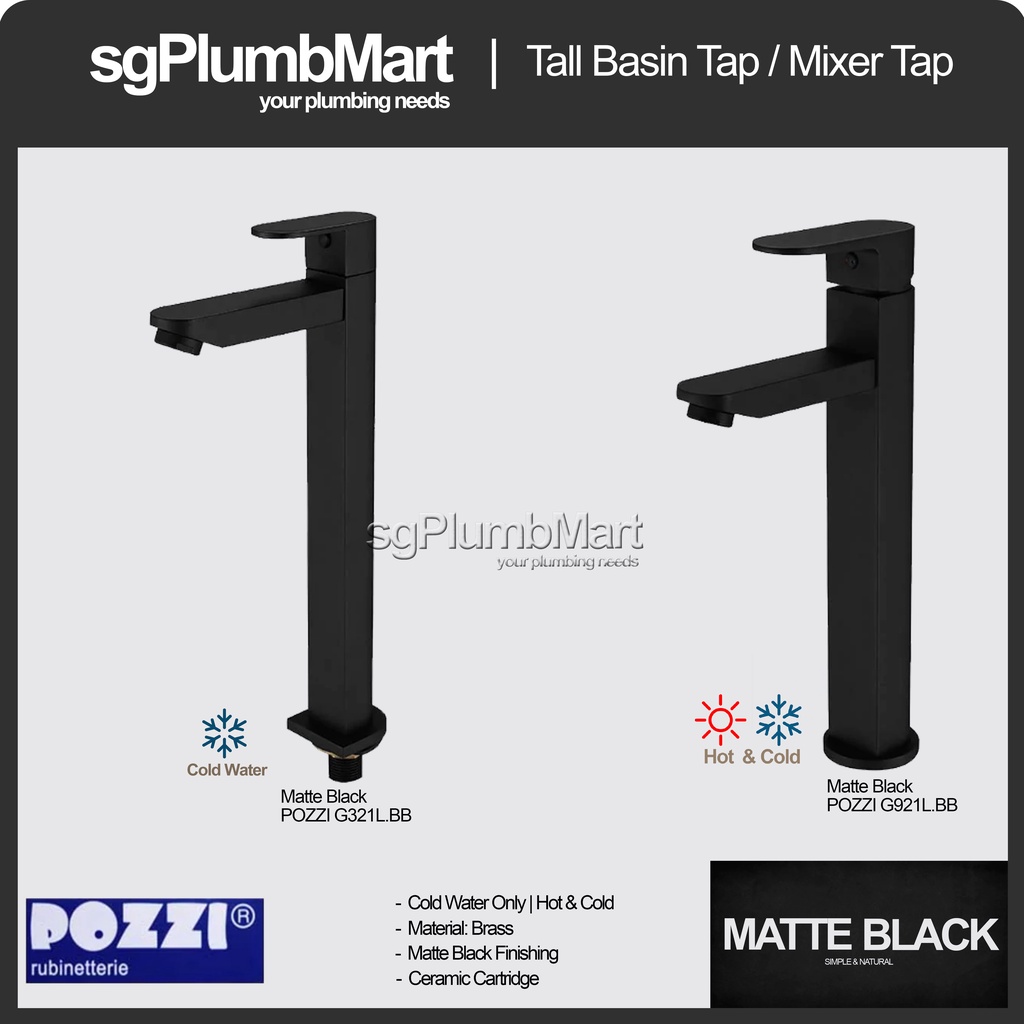 Pozzi x sgPlumbMart Matte Black Tall Basin Tap/Mixer Tap G321LBB ...