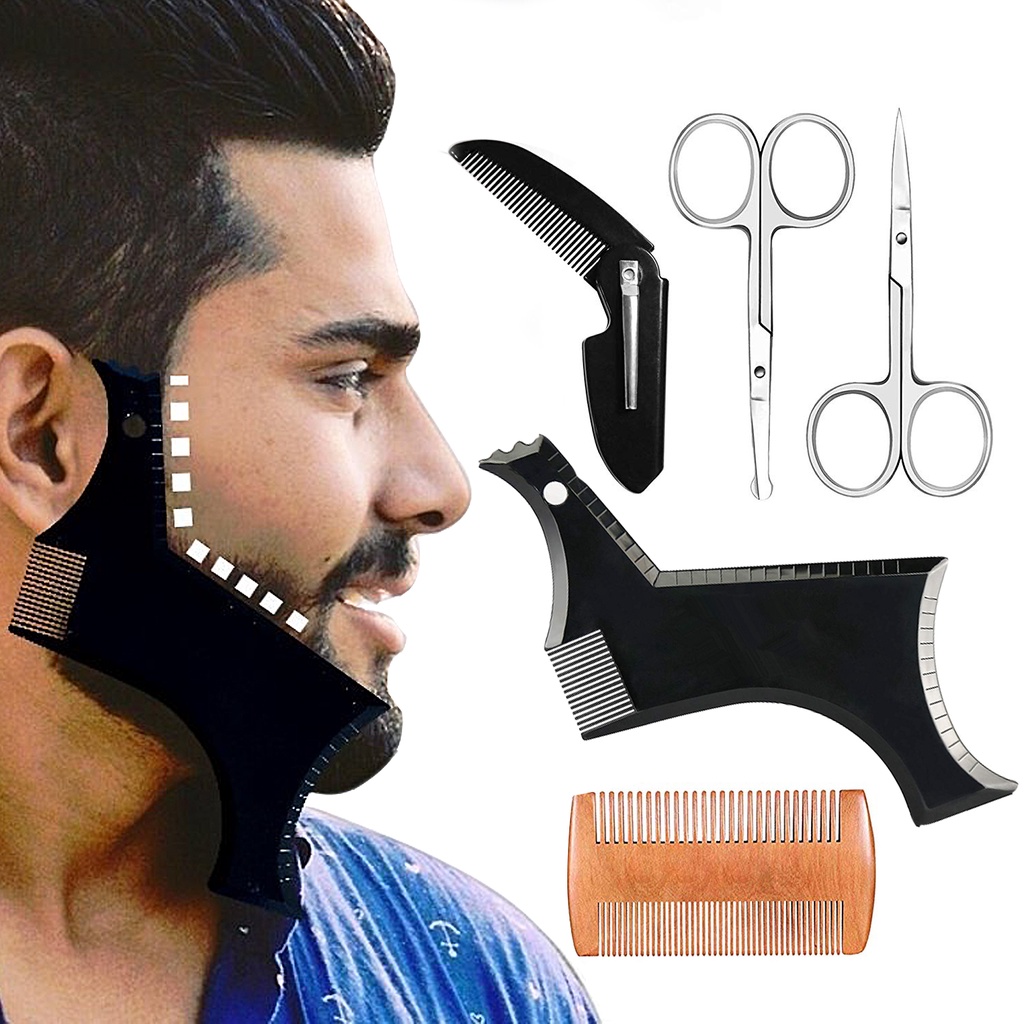 Men Beard Shaping Tool Set with Trimming Shaving Comb Mustache Scissors ...