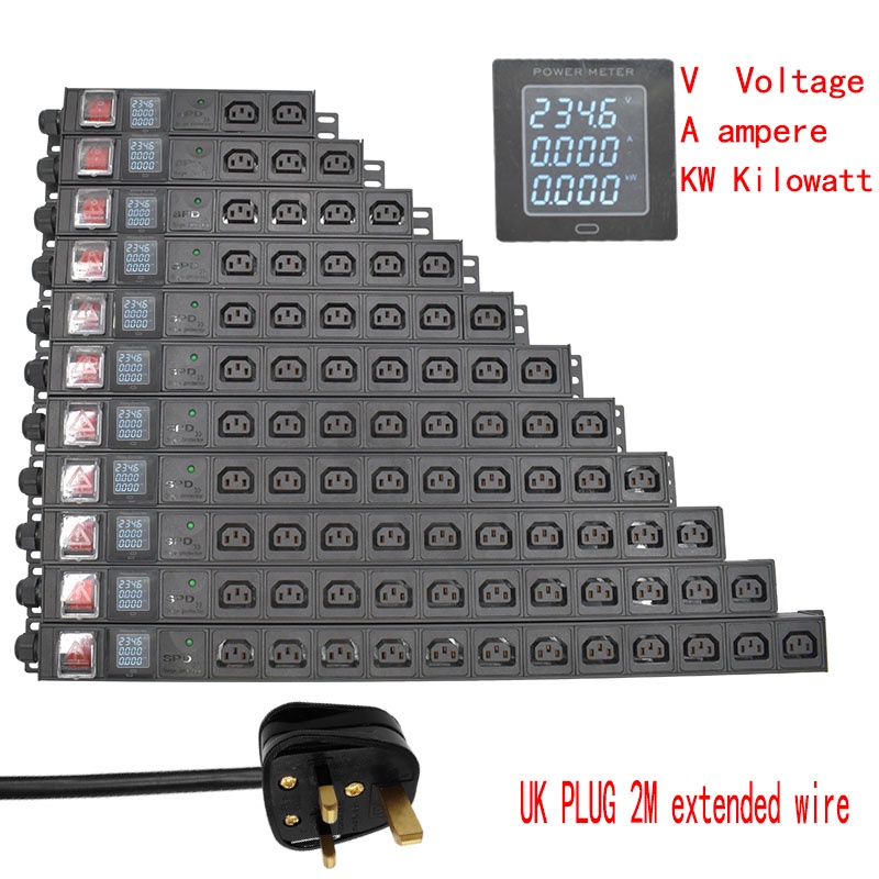 PDU Power Distribution Unit IEC C13 output socket 2-21AC Power Strip ammeter Surge protection ...