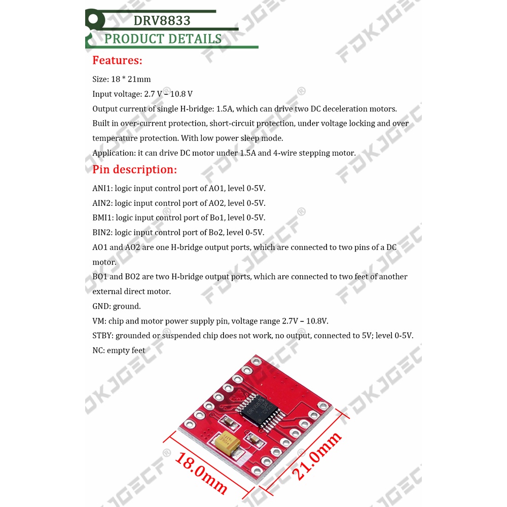 TB6612 DRV8833 Dual Motor Driver 1A TB6612FNG for Arduino ...