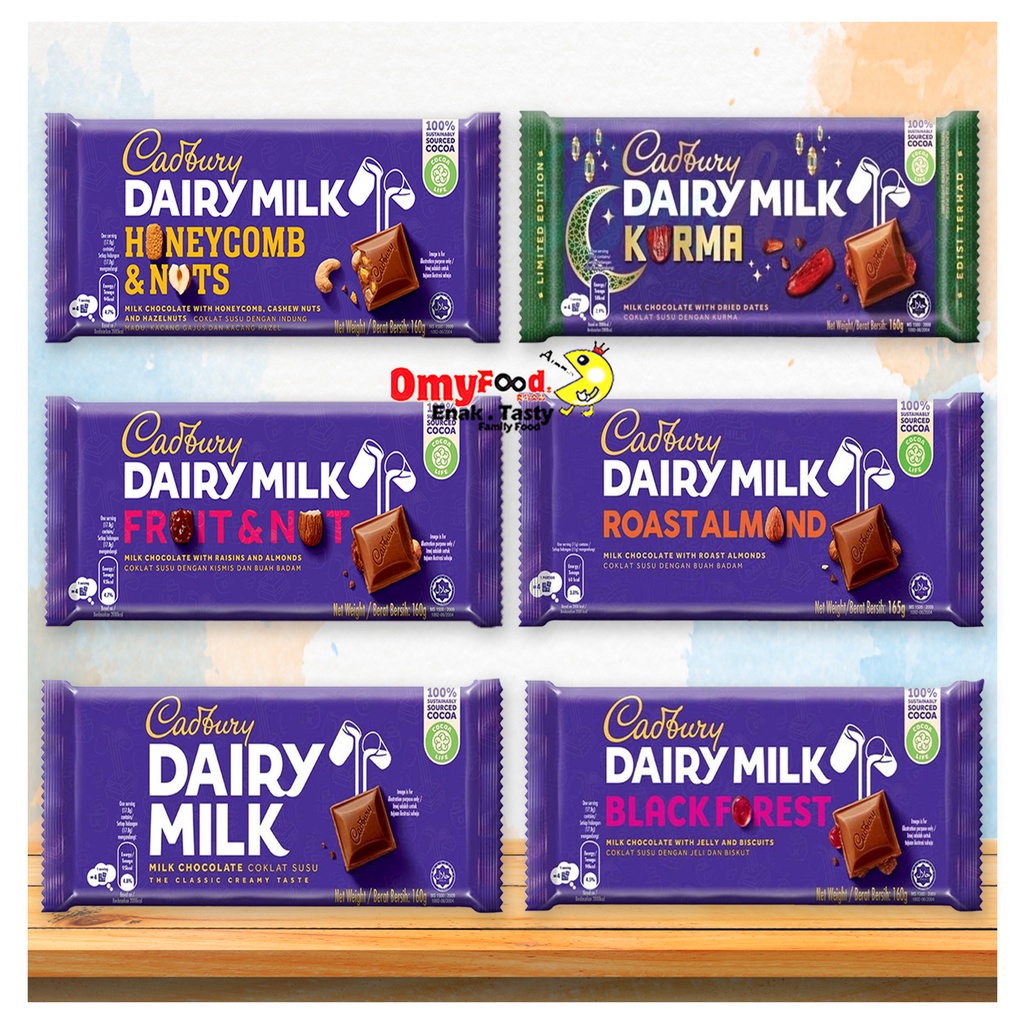 160g Cadbury Dairy Milk Chocolate [Plain/Fruit & Nut/Kurma/Honeycomb ...