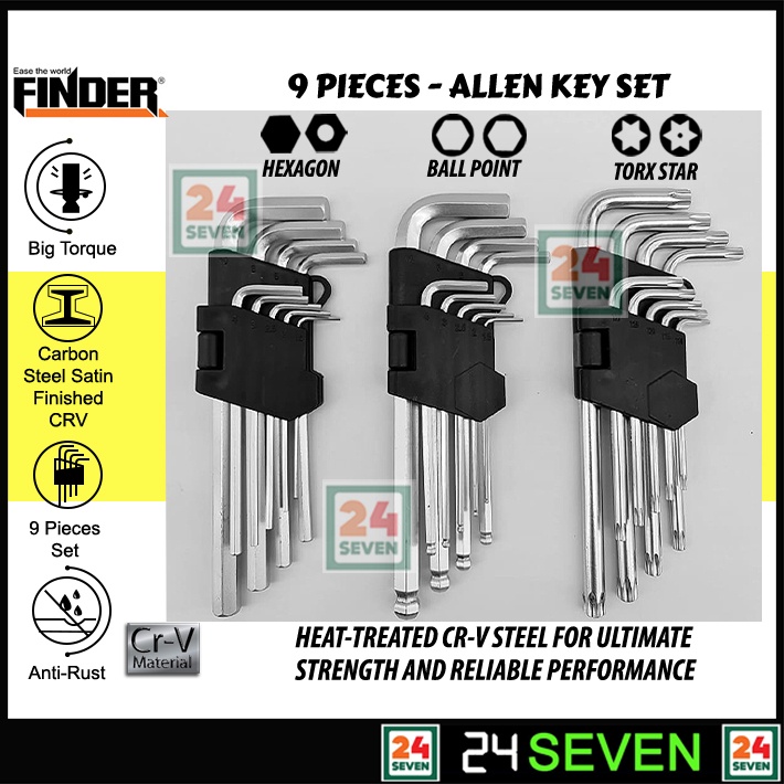 FINDER CRV 9PCS ALLEN KEY BALL POINT ALLEN KEY TORX STAR HEX ALLEN KEY ...