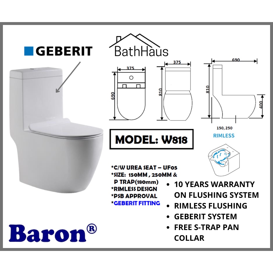 Baron W818 1-Piece Toilet Bowl (Geberit Flushing System) | Shopee Singapore