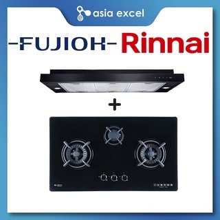 RINNAI RH-S329-PBR 90CM BLACK SLIMLINE HOOD + FUJIOH FH-GS6530 SVGL 3 BURNER GLASS GAS HOB ...