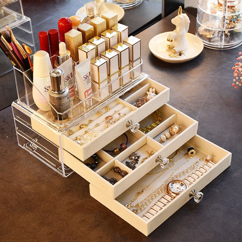 3-Tier Jewelry Box Clear Acrylic Drawer Velvet Layer With Handle Model ...