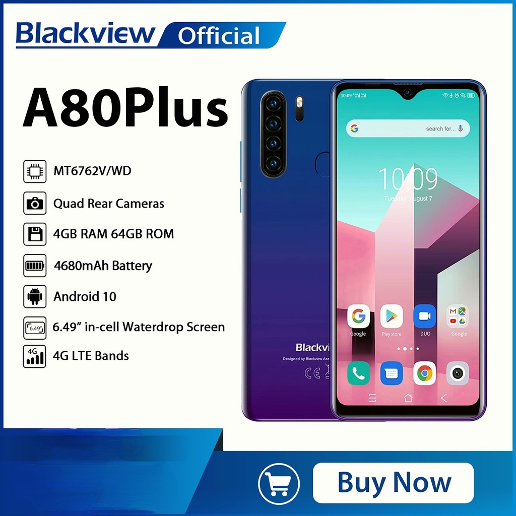 Blackview A80 Plus Mobile Phone Octa Core 4GB RAM+64GB ROM 13MP Quad Rear Camera 6.49 Inch ...