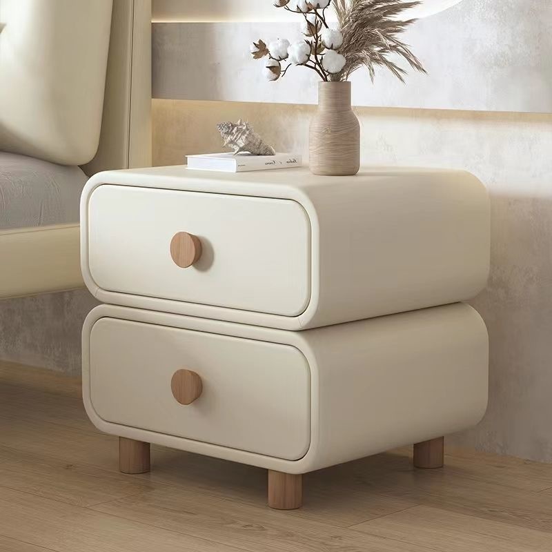 Bedside Table Italian Khaki Solid Wood Storage Cabinet Simple Leather Bedroom Side Cabinet ...