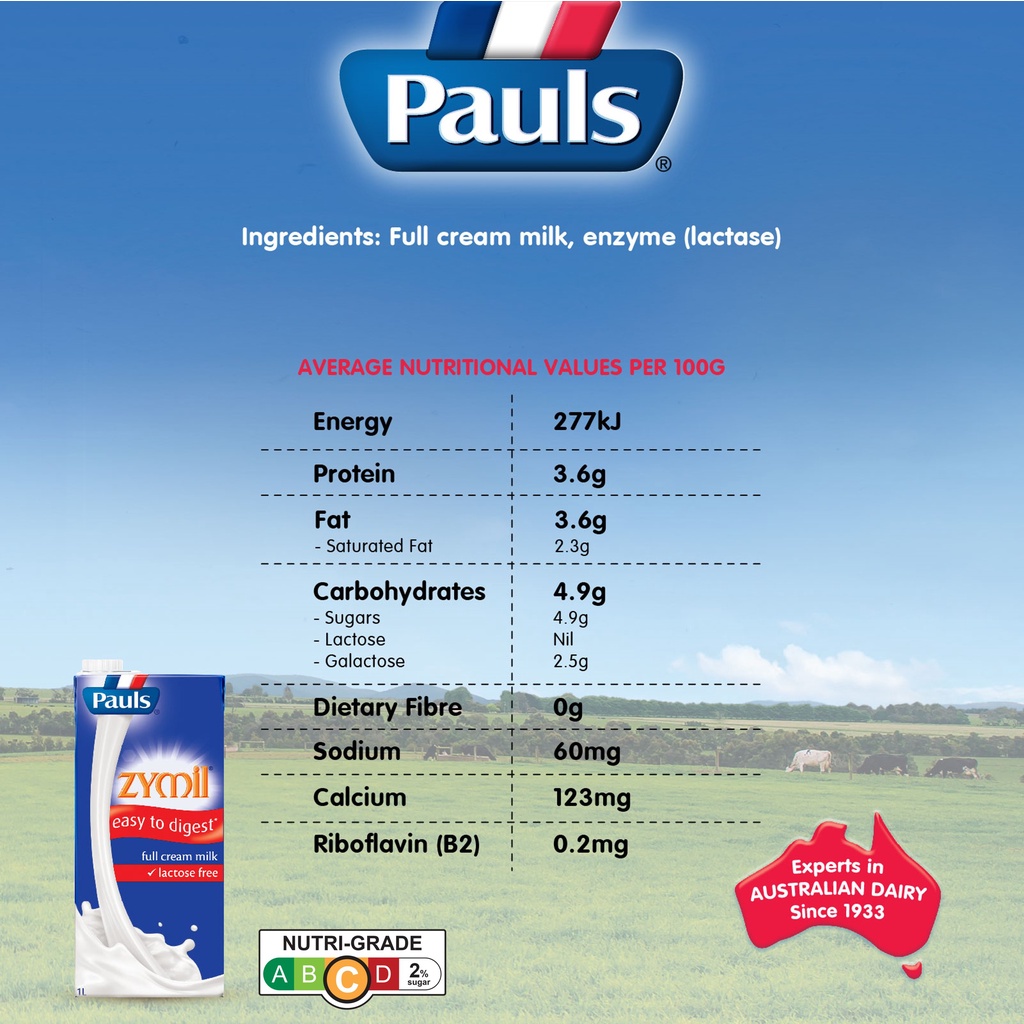 [1 Carton] Pauls Zymil Lactose Free Full Cream Milk UHT (12x1L ...