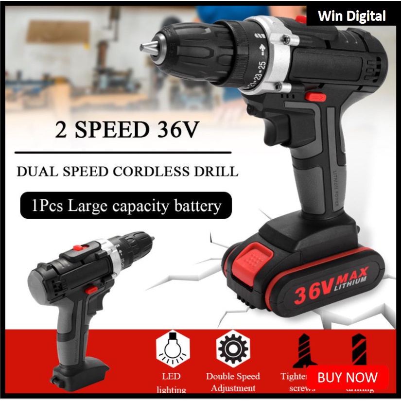 36V 5000mAh Cordless Electric Drill Rechargeable Battery Double Speed ...