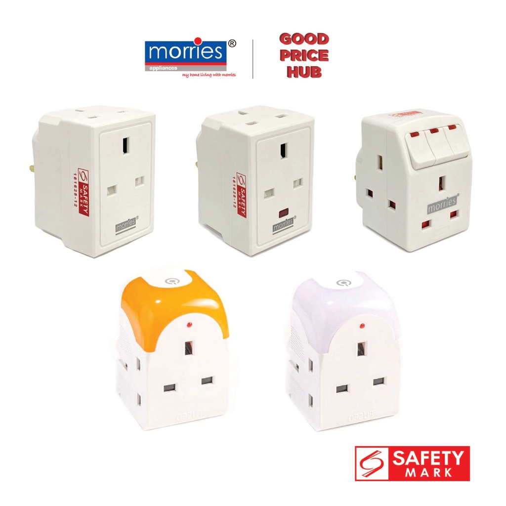 Morries 3 Way Multi Adapter Plug with Switch / Neon Light - 2 & 3 Pin ...