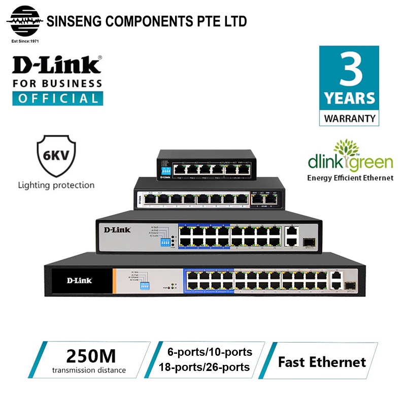 D-Link 250M 4/8/16/24 Port PoE Switch with 2 Uplinks Port DES-F1006P-E ...