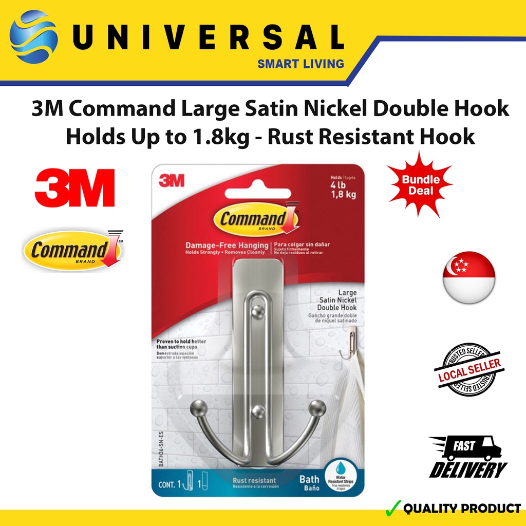 [SG SHOP SELLER] 3M Command Large Satin Nickel Double Hook Holds Up to ...