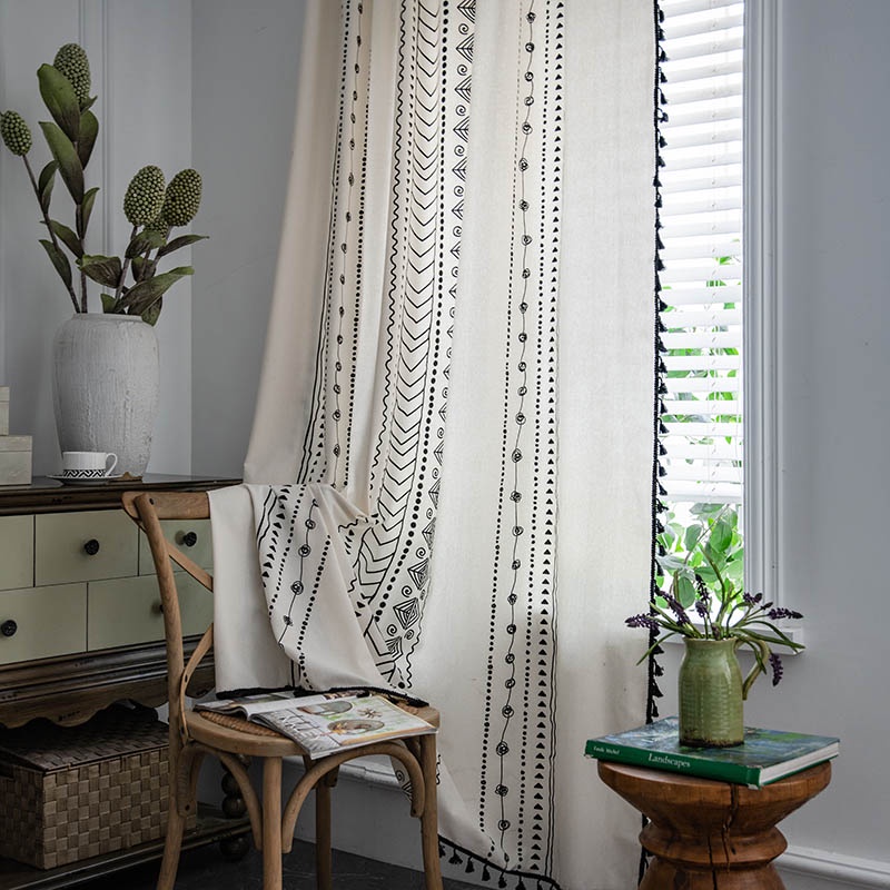 Bohemian Cotton Curtain Panel with Tassel Semi-blackout Canvas ...