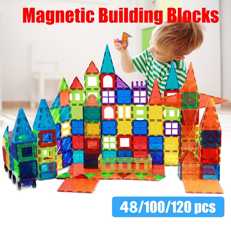 48/100/120PCS Magnetic Tiles Toy Big Size DIY Magnetic Designer Magnet ...