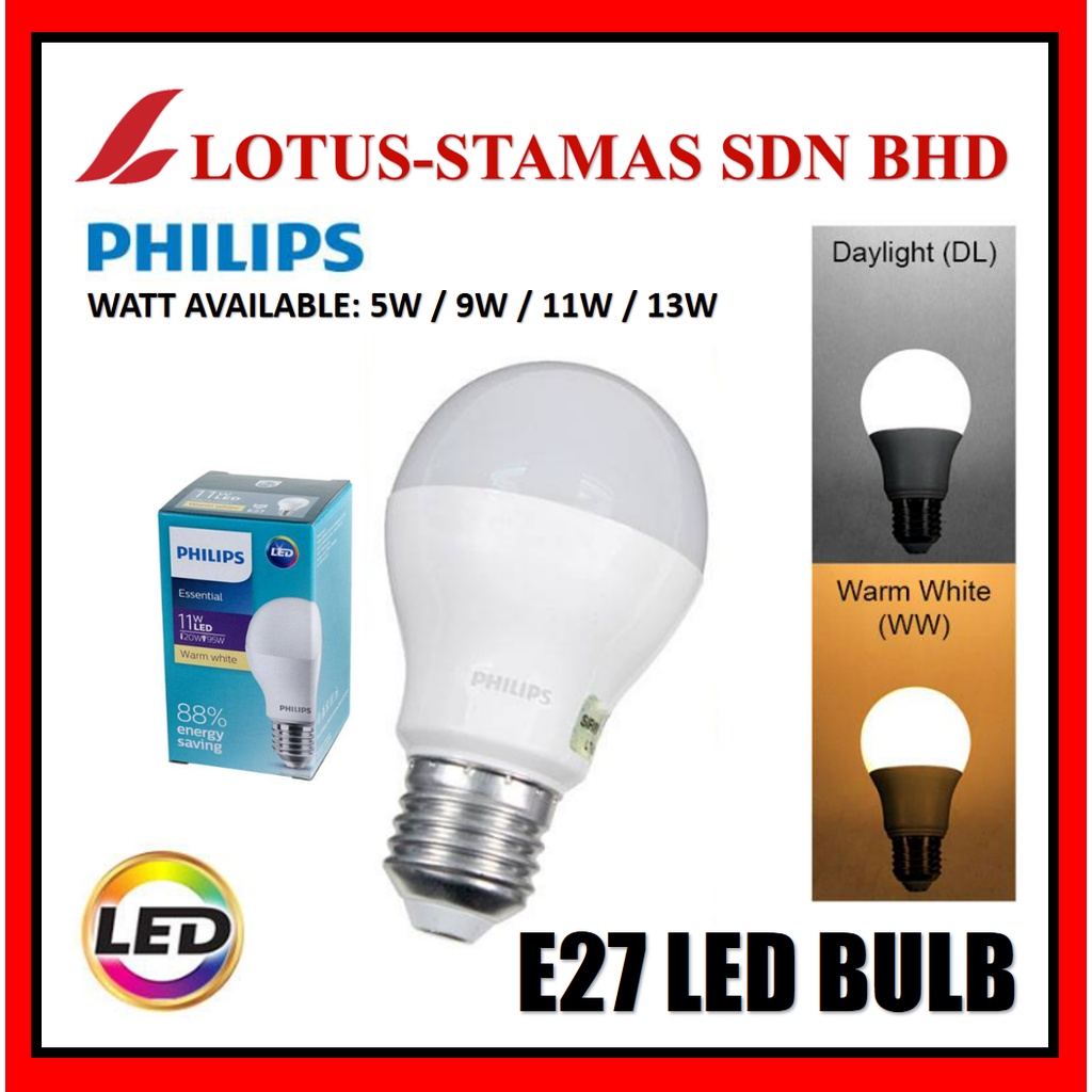 PHILIPS 5W/7W/9W/11W/13W E27 ESSENTIAL GEN2 LED BULB | Shopee Singapore