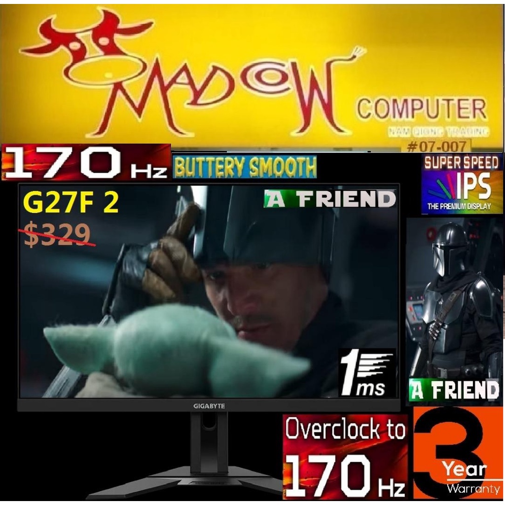 Gigabyte G27F 2 Gaming Monitor 27" OC 170Hz SS IPS 1920 x 1080(FHD)_(3Y ...