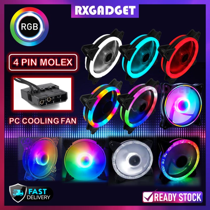 RGB PC Fan Cooler 120mm 12cm LED Rainbow Light Double Ring Gaming PC ...
