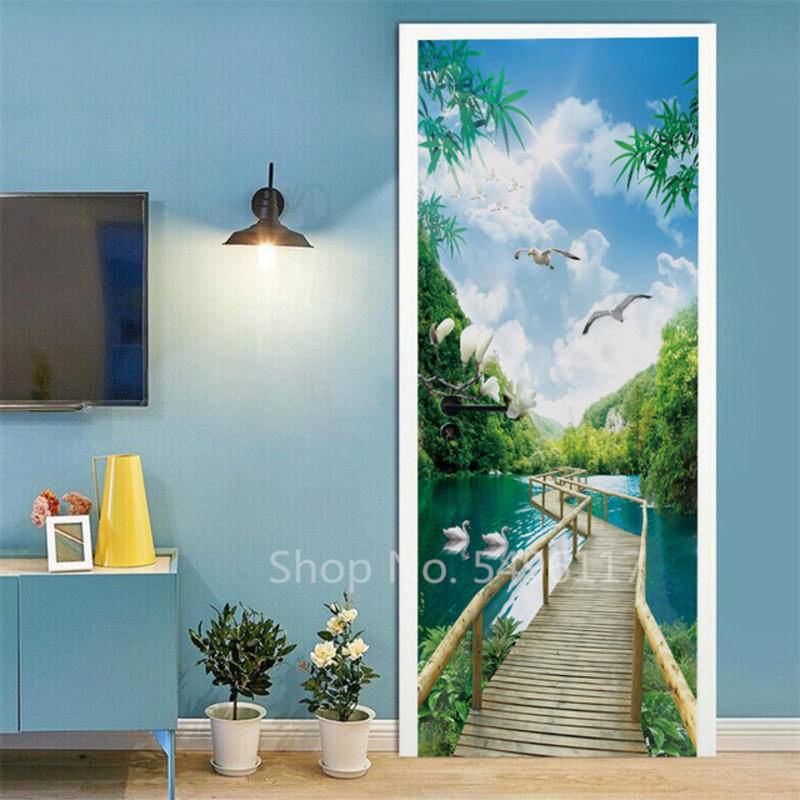 Custom Blue Sky Door Mural Stickers Self-Adhesive Beach Sea View ...