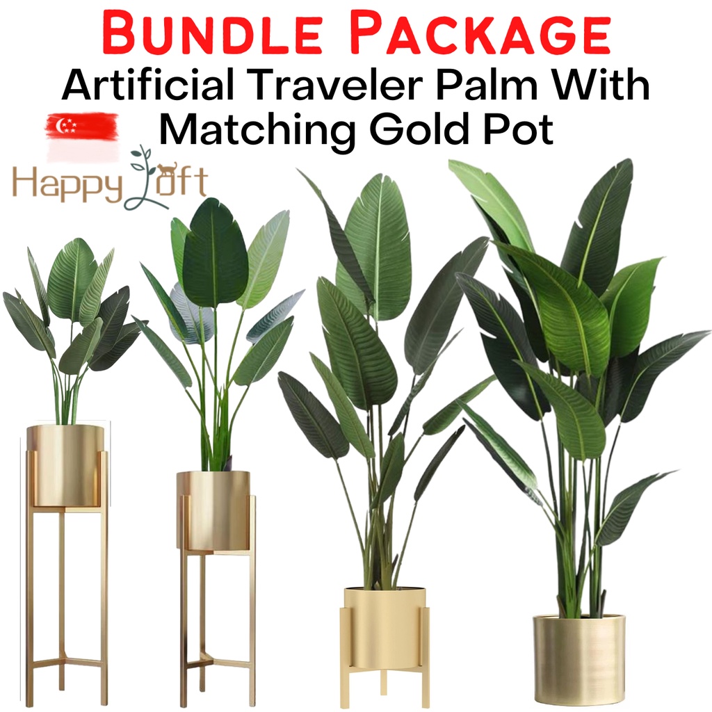 [BUNDLE PACKAGE ]Artificial Plant With Match Metal Gold Pot Fake Plants ...