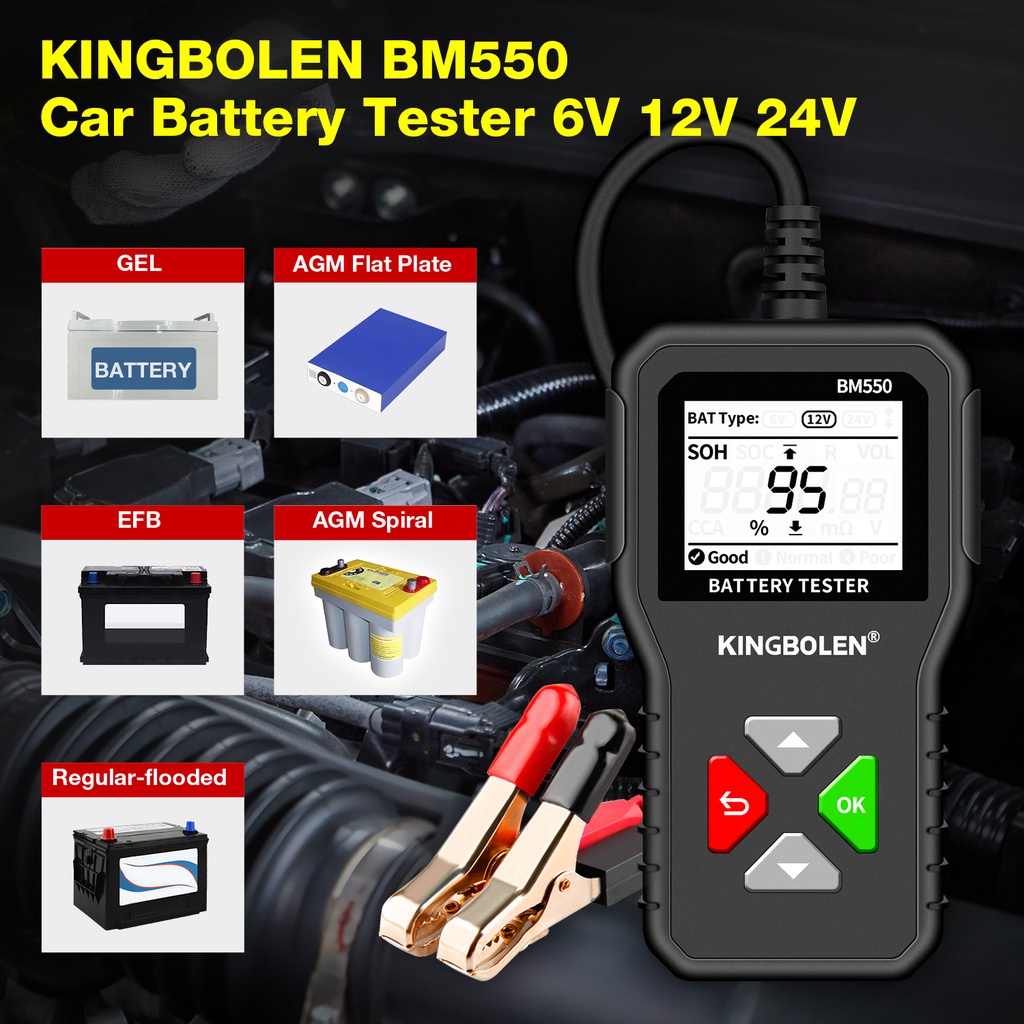 BM550 Car Battery Tester 6V 12V 24V 100 to 2000CCA Cranking Charging ...