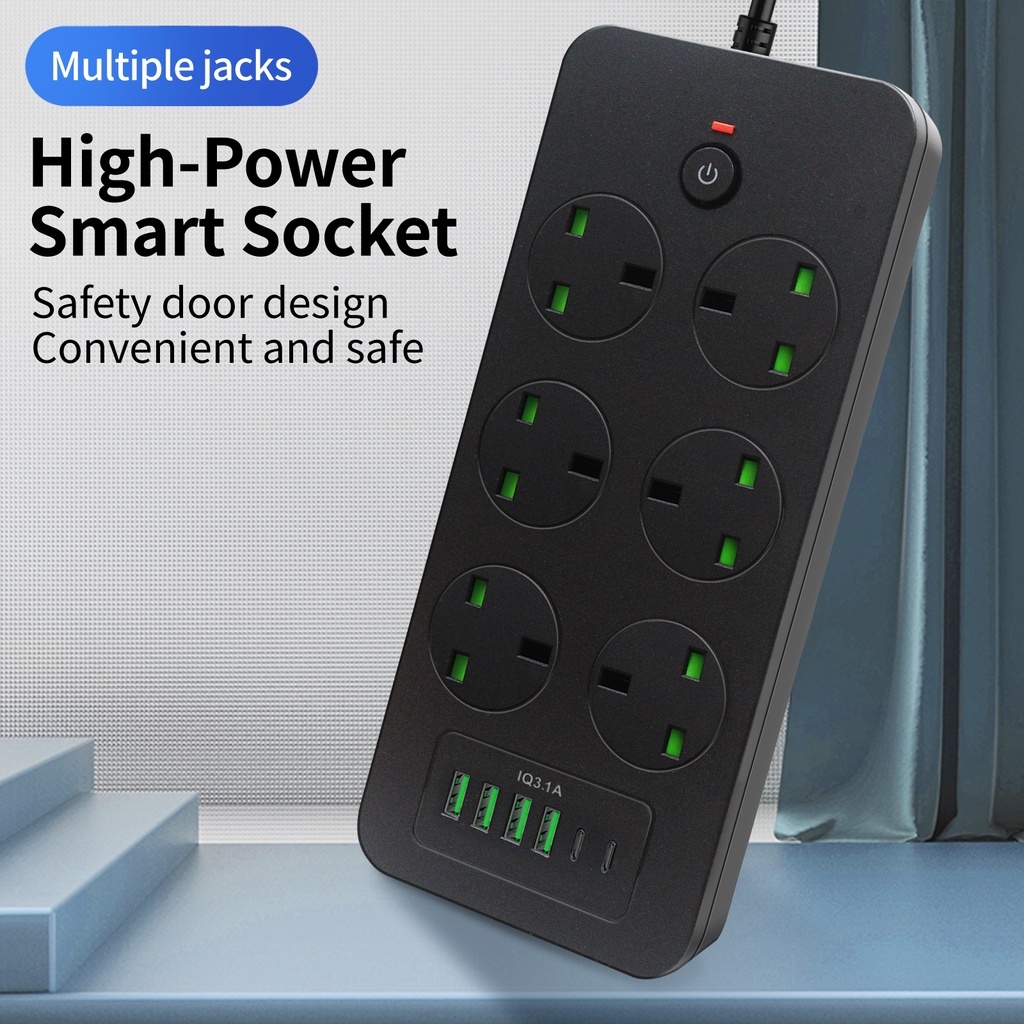UK Extension Plug 3000W Multi Plug Power Strip 2 Type C PD Ports4 USB ...