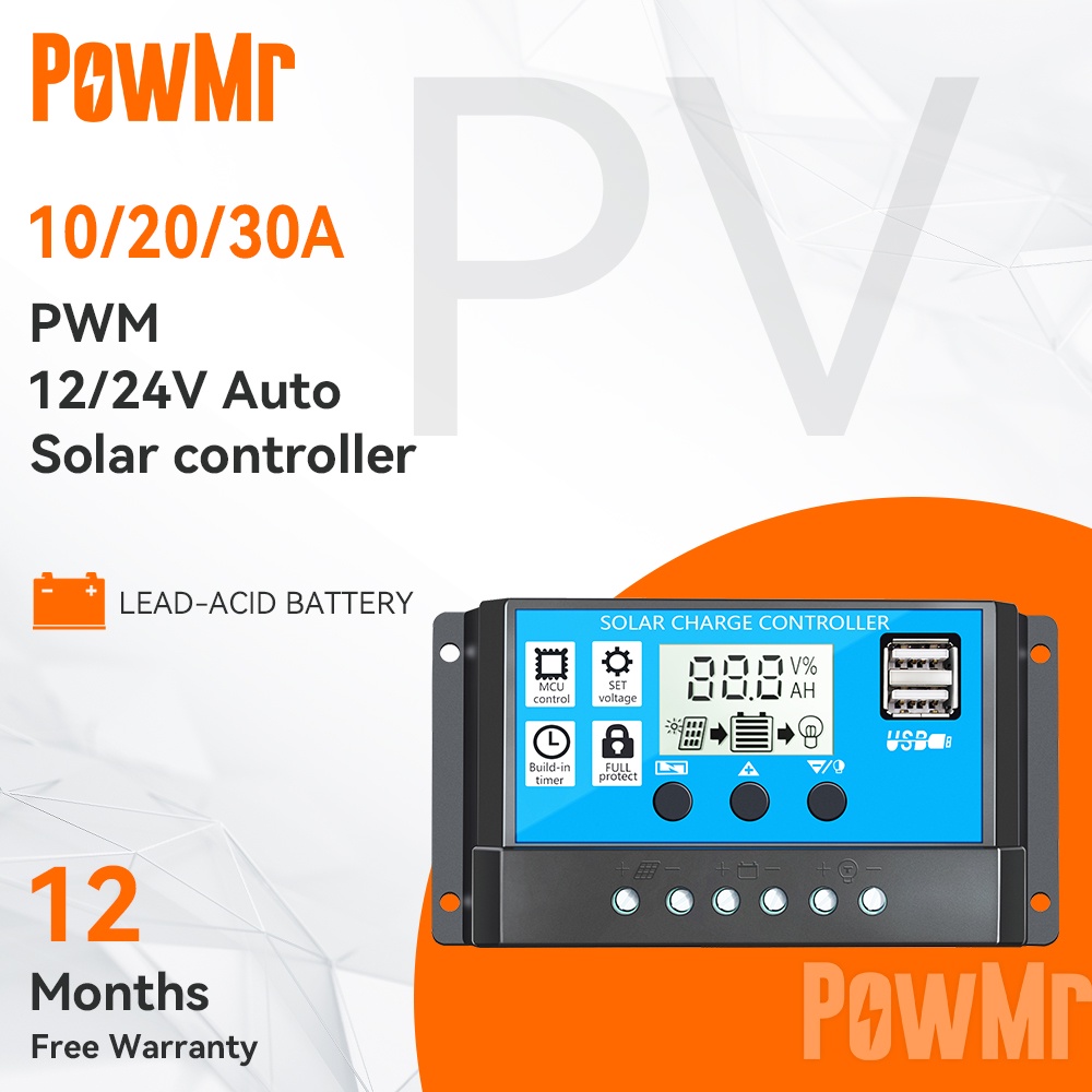 PowMr PWM Solar Charger Controller 10A 20A 30A 12V 24V Battery Charger LCD Dual USB Solar Panel ...