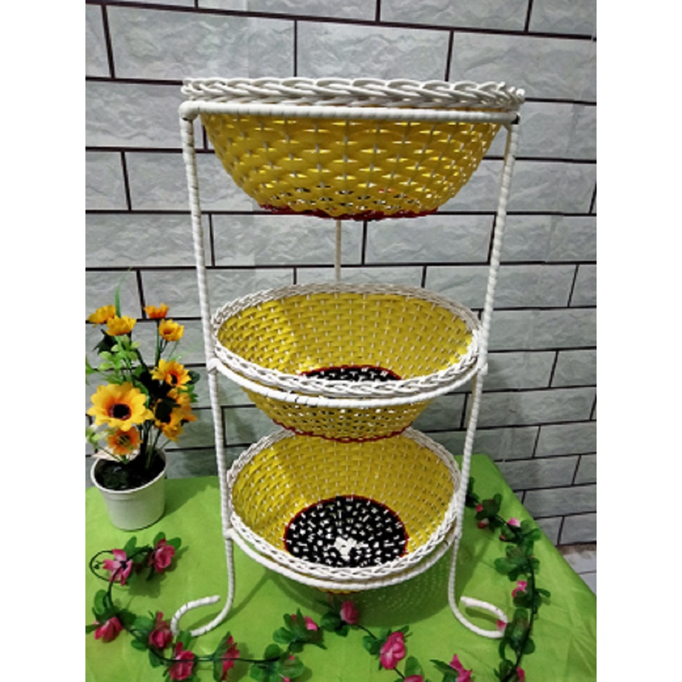 Onion Rack 3 Layers OVAL Synthetic Rattan IRON Frame Kitchen Spice Rack ...