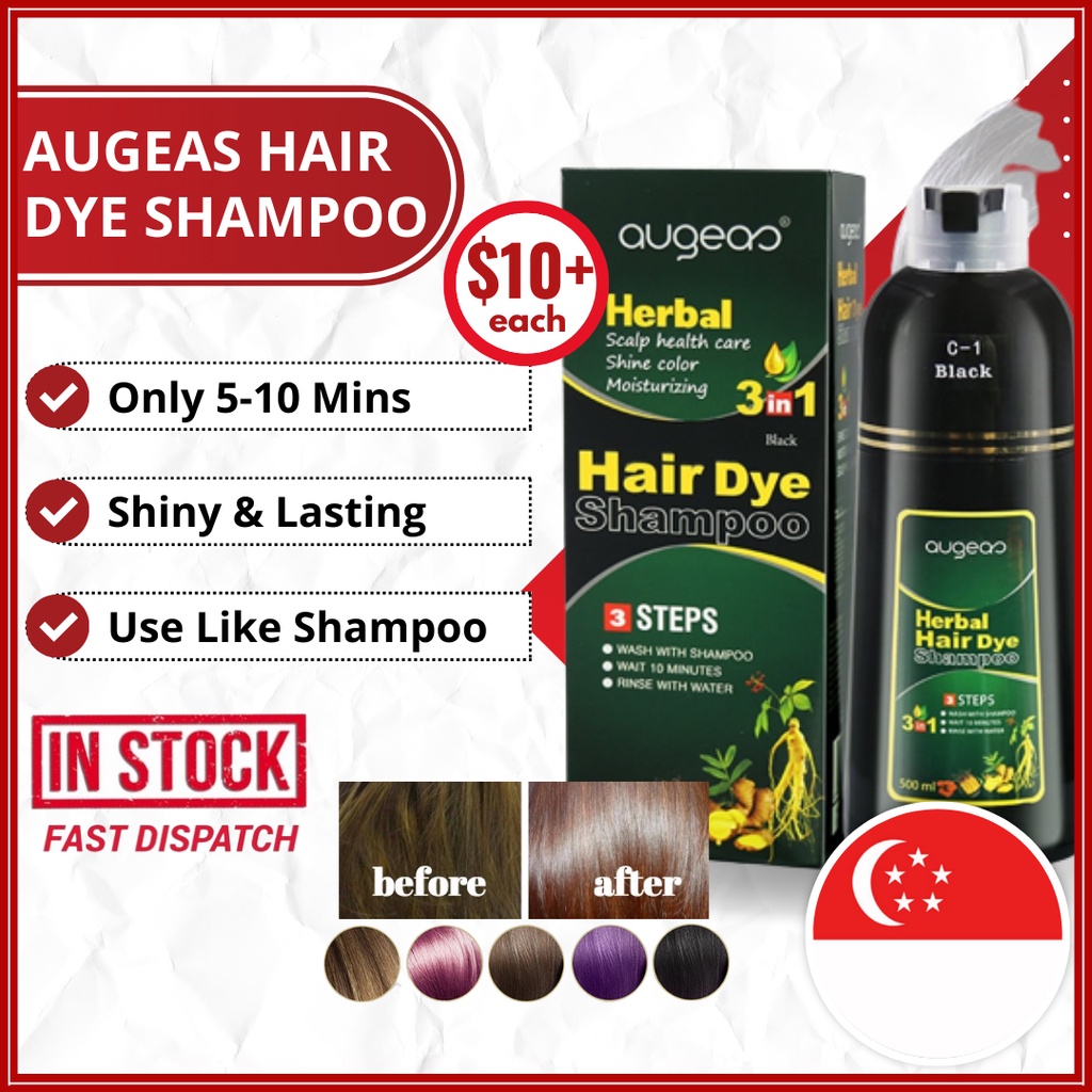 (SG) Augeas Herbal 3 In 1 Hair Dye Shampoo For Quick Lasting Shiny Moisturised Hair Colour Grey ...