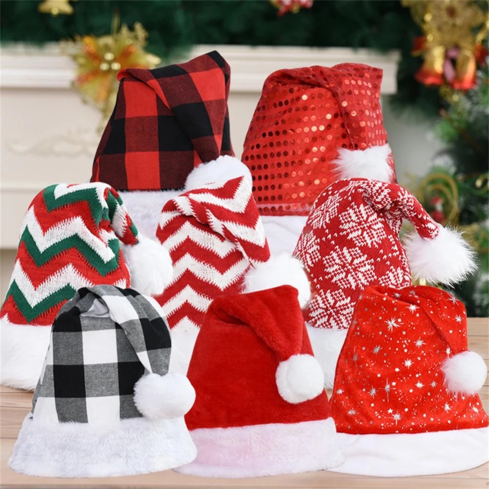 Christmas Hat for Adult Kids Plush Santa Claus Xmas Hat Thick Plush ...
