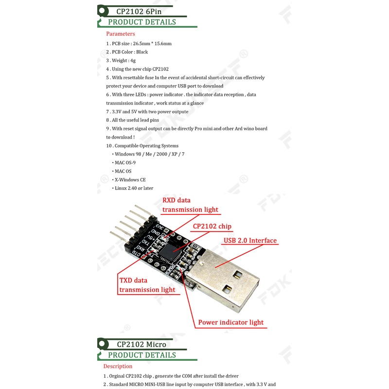CP2102 Micro USB 2.0 to UART TTL 5PIN Connector Module Serial Converter ...