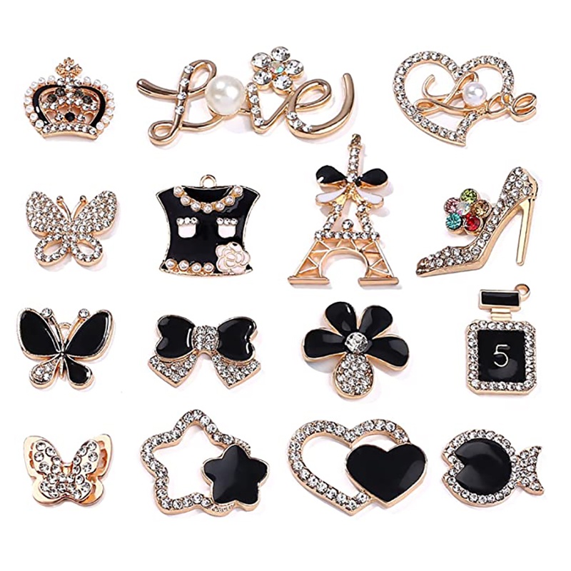 15styles Crystal Metal Shoe Charms Jibbitz Pins Crown Heart Butterfly ...