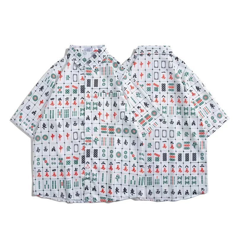 Mahjong Full Printed Shirt Couple Loose Shirt Men's Printed Short ...