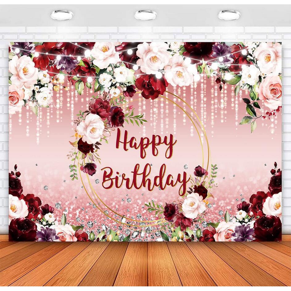 Floral Happy Birthday Backdrop Burgundy Flowers Rose Gold Glitter Bokeh ...