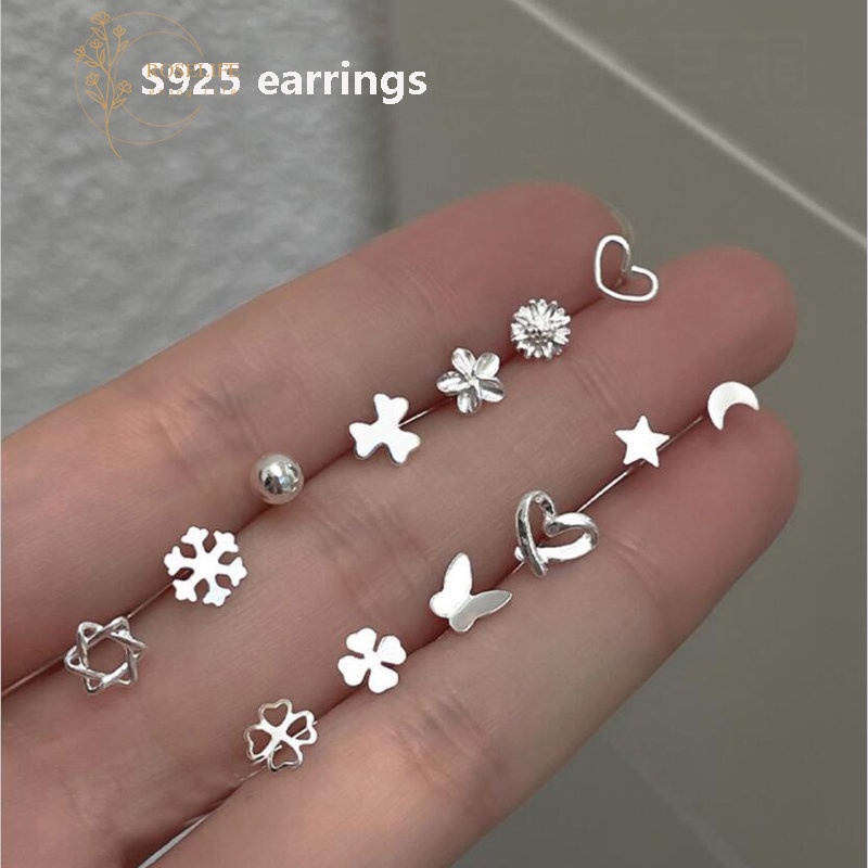 Roselife Korean Mini S925 Silver Geometric Lucky Clover Heart Moon Star Butterfly Stud Earrings ...