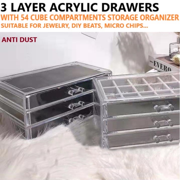 3 Layer Acrylic Multi-Compartment Jewelry Storage Drawer Box Organizer ...