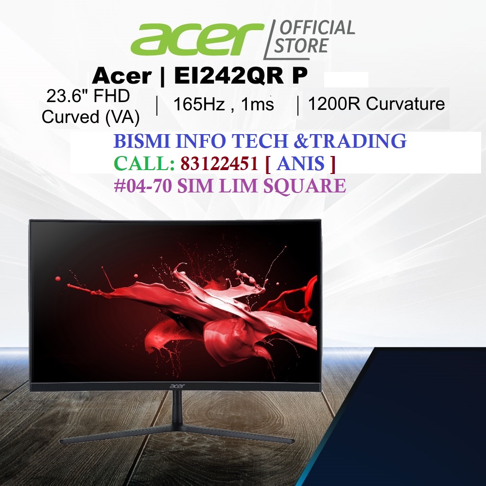 Acer EI242QR P 23.6" FHD Curved Gaming Monitor 165Hz Refresh Rate 1ms ...