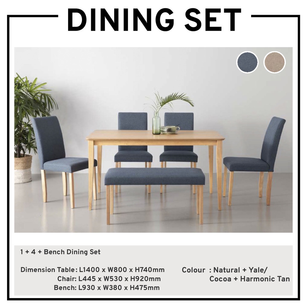 Dining Set 1+4+Bench Dining Table Fabric Dining Chair Wooden Dining Set ...