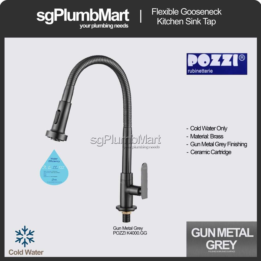 Pozzi x sgPlumbMart Gun Metal Flexible Kitchen Sink Tap K4000GG K4000 ...